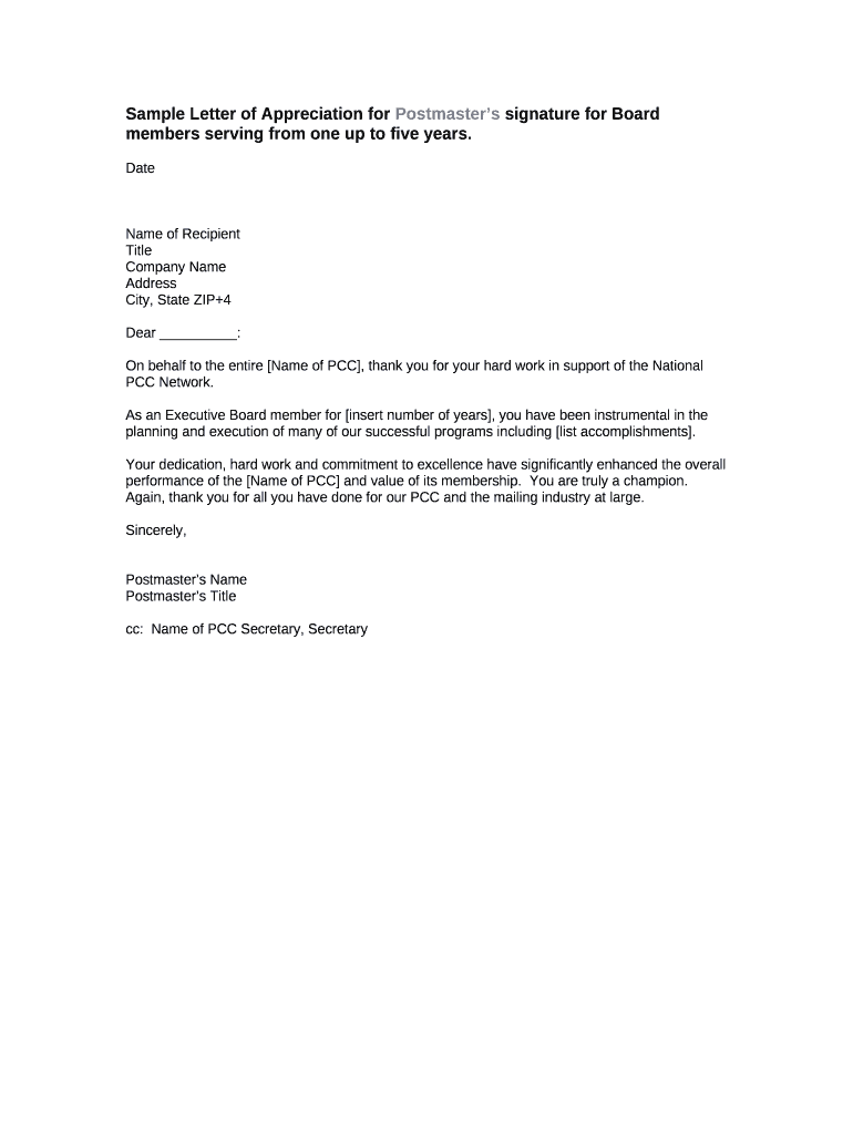 Sample Letter of Appreciation for Postmasters signature for Board ...