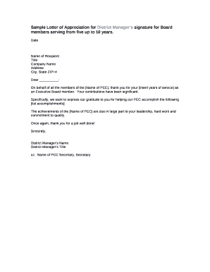 Sample Letter of Appreciation for District Managers signature for Board ...