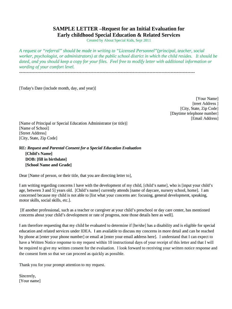 SAMPLE LETTER Request for an Initial Evaluation for Doc Template ...