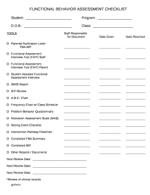 FUNCTIONAL BEHAVIOR ASSESSMENT CHECKLIST Doc Template | pdfFiller