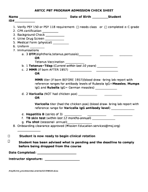 ABTCC PBT PROGRAM ADMISSION CHECK SHEET Doc Template | pdfFiller