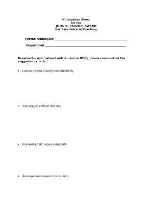 Nomination Sheet - academicaffairs risd Doc Template | pdfFiller