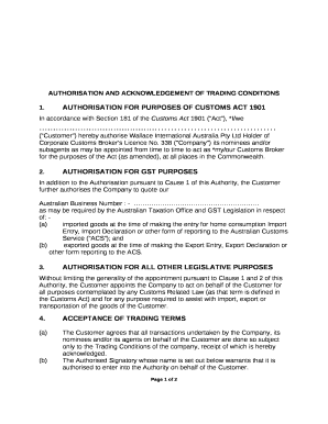 AUTHORISATION FOR PURPOSES OF CUSTOMS ACT 1901 Doc Template | pdfFiller