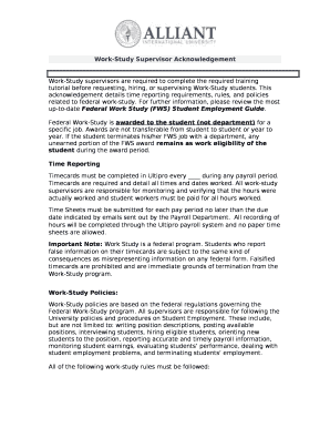 Work-Study Supervisor Acknowledgement Doc Template | pdfFiller