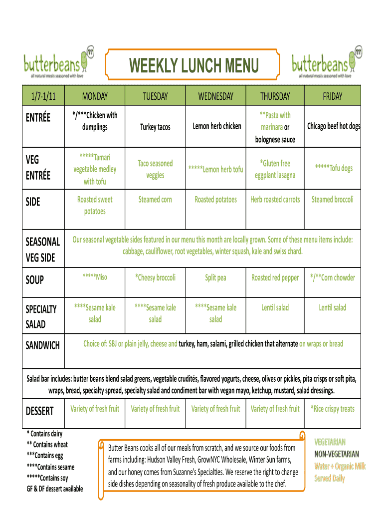 Fillable Online WEEKLY LUNCH MENU Fax Email Print - pdfFiller