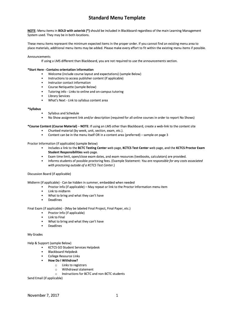 Fillable Online Standard Menu Template Fax Email Print - pdfFiller