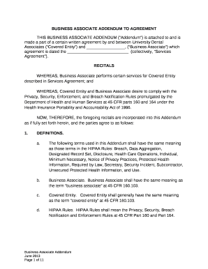 BUSINESS ASSOCIATE ADDENDUM TO AGREEMENT Doc Template | pdfFiller