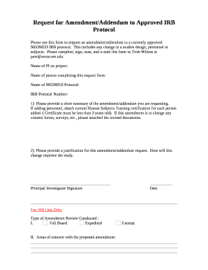 Request for Amendment/Addendum to Approved IRB Protocol Doc Template | pdfFiller