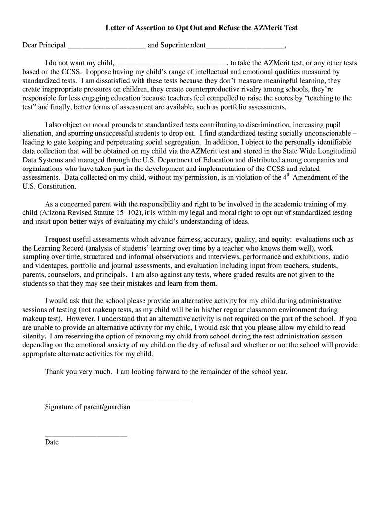 Fillable Online Letter of Assertion to Opt Out and Refuse the AZMerit ...