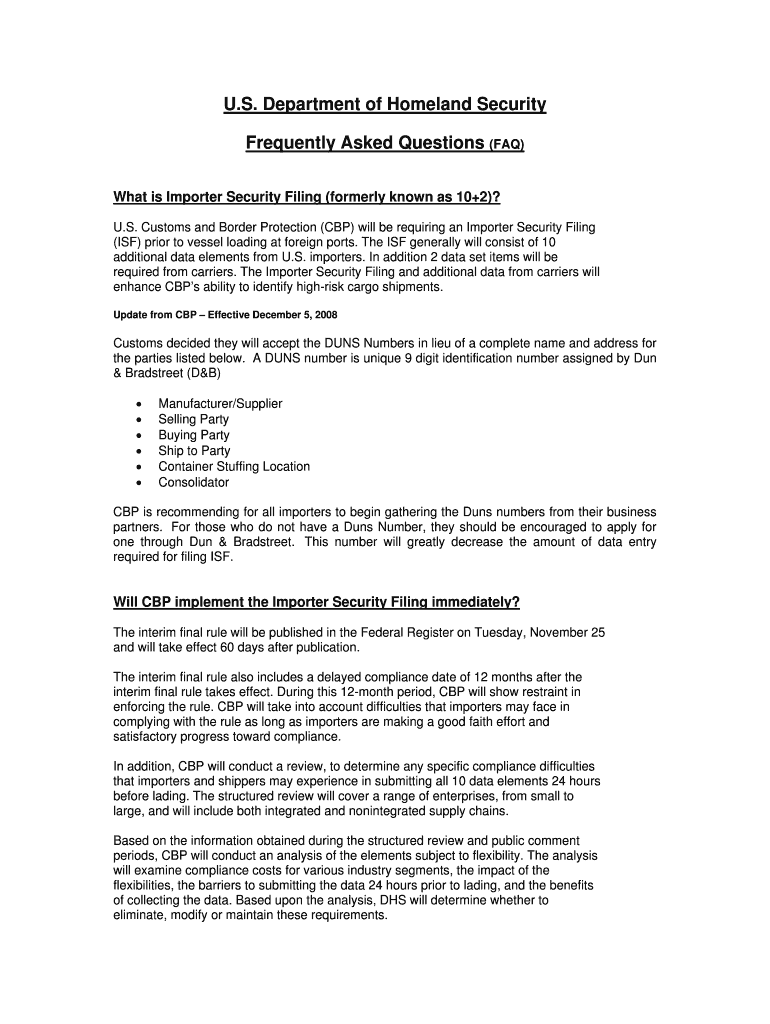 Fillable Online What is Importer Security Filing (formerly known as 10+2) Fax Email Print ...