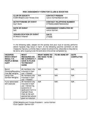 RISK ASSESSMENT FOR CLUBS & SOCIETIES Doc Template | pdfFiller
