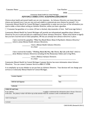 ADVANCE DIRECTIVE ACKNOWLEDGEMENT Doc Template | pdfFiller