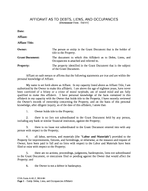 AFFIDAVIT AS TO DEBTS, LIENS, AND OCCUPANCIES Doc Template | pdfFiller