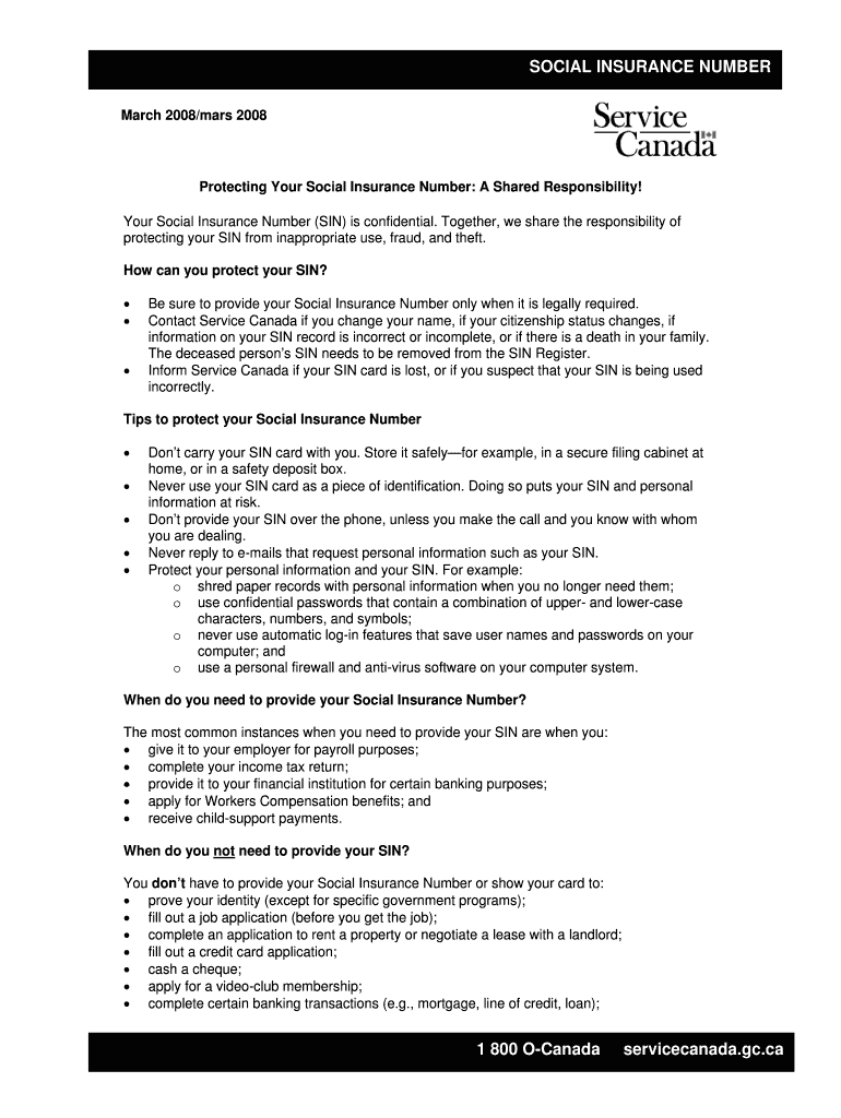 Fillable Online Protecting Your Social Insurance Number: A Shared ...