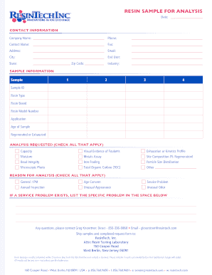 Fillable Online RESIN SAMPLE FOR ANALYSIS Fax Email Print - pdfFiller