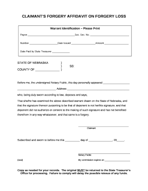 CLAIMANTS FORGERY AFFIDAVIT ON FORGERY LOSS Doc Template | pdfFiller