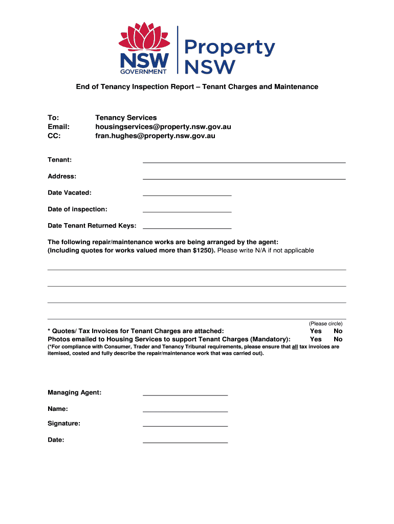 Fillable Online End of Tenancy Inspection Report Tenant Charges and ...