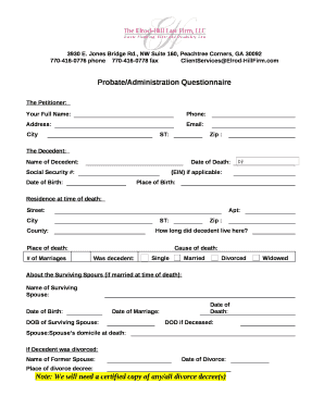 Probate/Administration Questionnaire Doc Template | pdfFiller