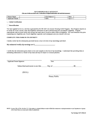 tip earnings self affidavit Doc Template | pdfFiller