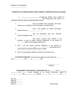 AFFIDAVIT OF UNDERTAKING FOR LENDING COOPERATIVES (Survivorship) Doc Template | pdfFiller