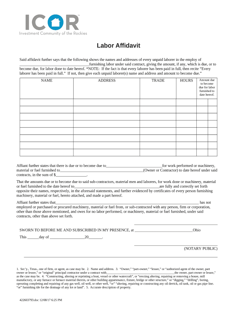 Labor Affidavit Doc Template | pdfFiller