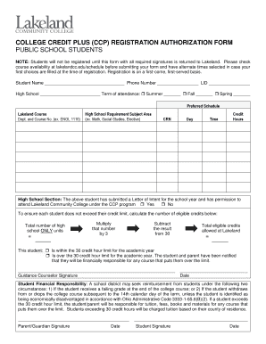 Fillable Online COLLEGE CREDIT PLUS (CCP) REGISTRATION AUTHORIZATION ...