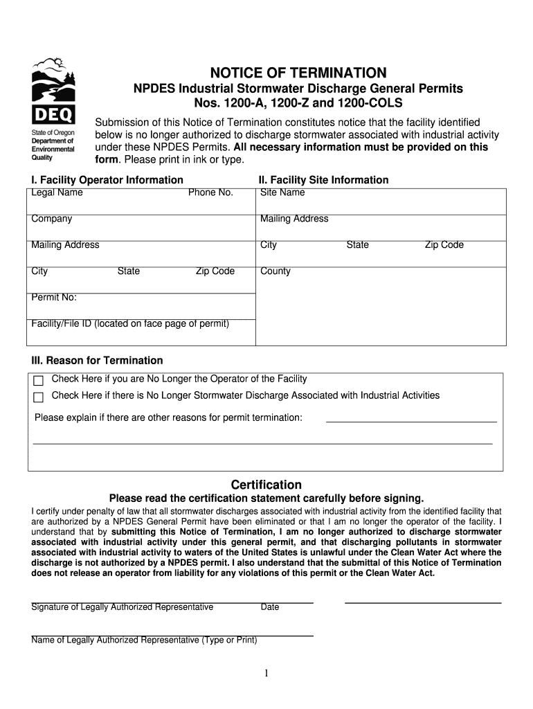 Fillable Online NPDES Industrial Stormwater Discharge General Permits ...