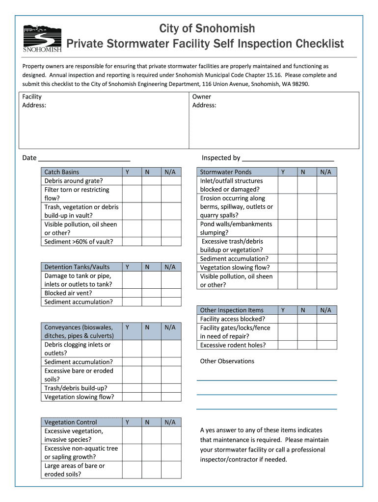 Fillable Online Private Stormwater Facility Self Inspection Checklist ...