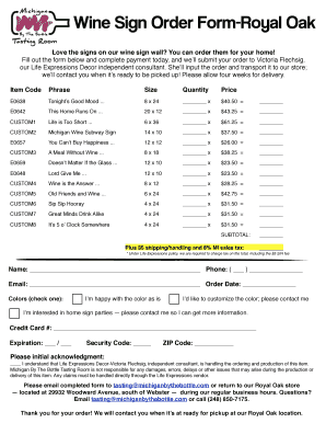 Fillable Online Wine Sign Order Form-Royal Oak Fax Email Print - pdfFiller