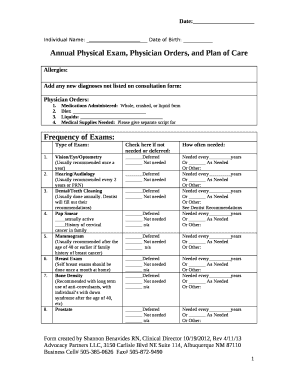 Annual Physical Exam, Physician Orders, and Plan of Care Doc Template ...