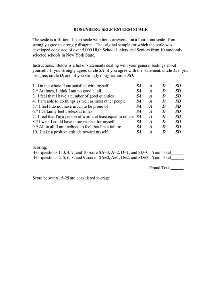 Fillable Online ROSENBERG SELF-ESTEEM SCALE Fax Email Print - pdfFiller