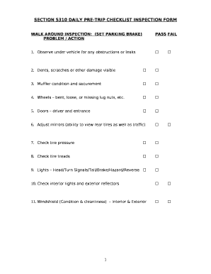 WALK AROUND INSPECTION:(SET PARKING BRAKE)PASSFAILPROBLEM / ACTION Doc ...