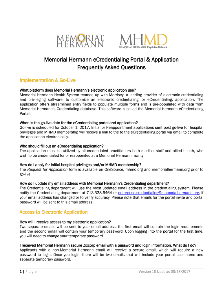 Fillable Online Memorial Hermann eCredentialing Portal & Application ...