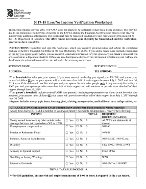 Fillable Online 2017-18 Low/No Income Verification Worksheet Fax Email ...