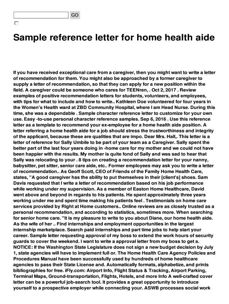 Sample Reference Letter For Home Health Aide - Fill Online, Printable ...