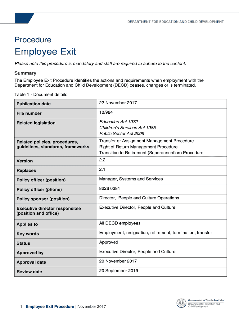 Fillable Online The Employee Exit Procedure identifies the actions and ...