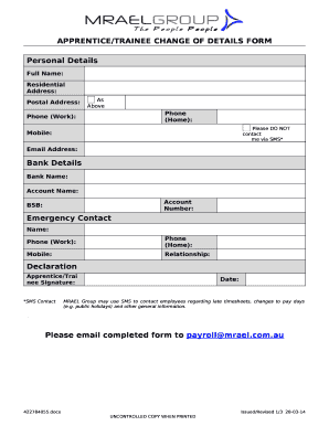 APPRENTICE/TRAINEE CHANGE OF DETAILS Doc Template | pdfFiller