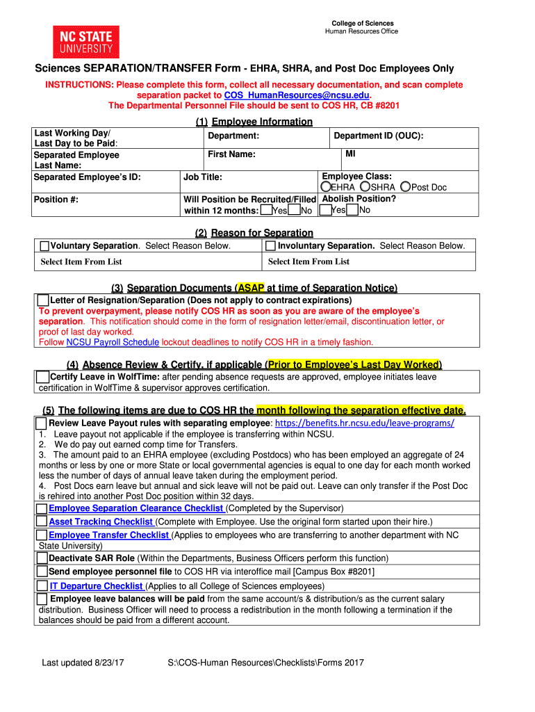 Fillable Online Sciences SEPARATION/TRANSFER Form - EHRA, SHRA, and ...