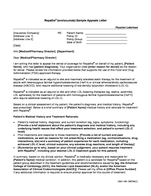 Fillable Online Repatha (evolocumab) Sample Appeals Letter Fax Email ...