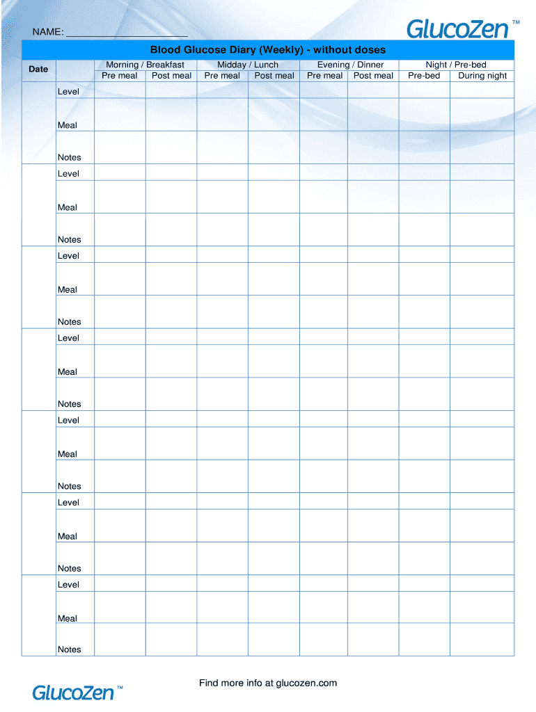 Fillable Online Blood Glucose Diary (Weekly) - without doses Fax Email ...