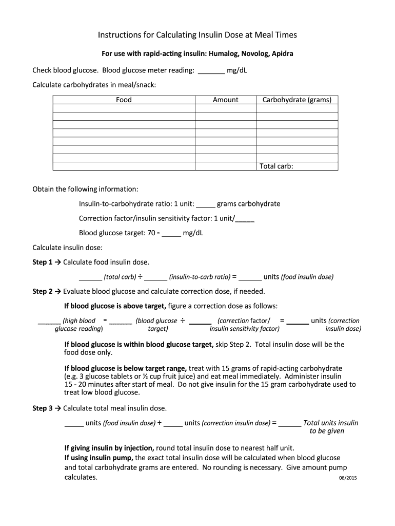 Fillable Online Instructions for Calculating Insulin Dose at Meal Times ...