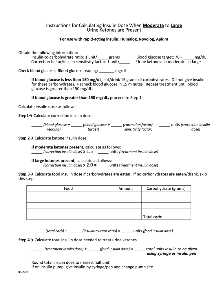 Fillable Online Instructions for Calculating Insulin Dose When Moderate ...