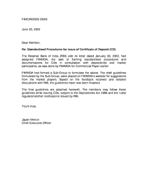 Re: Standardised Procedures for issue of Certificate of Deposit (CD ...