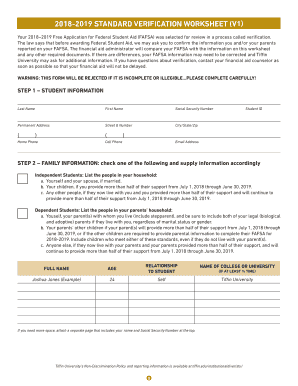 Fillable Online 2018-2019 STANDARD VERIFICATION WORKSHEET (V1) Fax ...