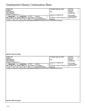 Employment History Continuation SheetH Doc Template | pdfFiller