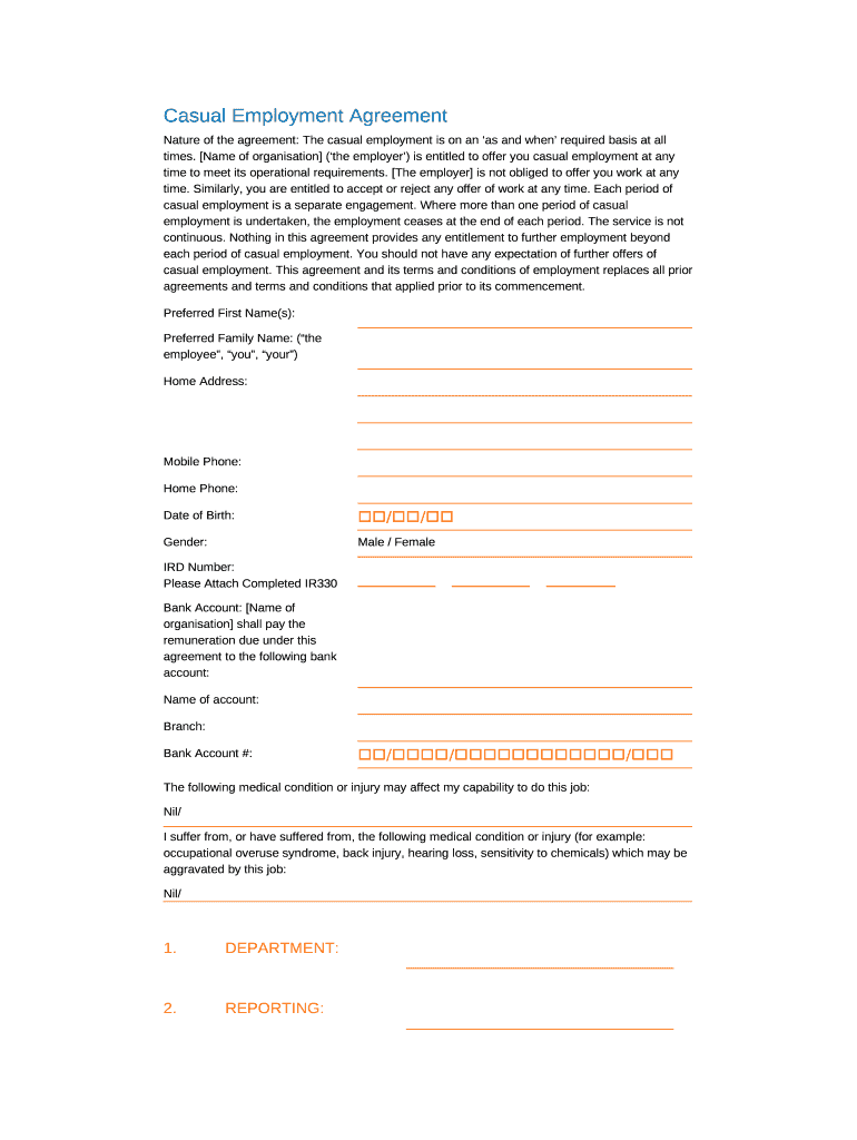 Casual Employment Agreement Doc Template | pdfFiller