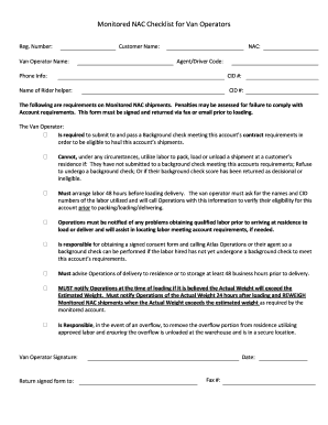 Fillable Online Monitored NAC Checklist for Van Operators Fax Email ...