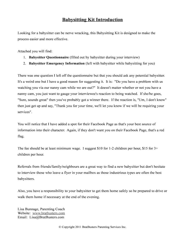 Fillable Online Babysitting Kit Introduction Fax Email Print - pdfFiller
