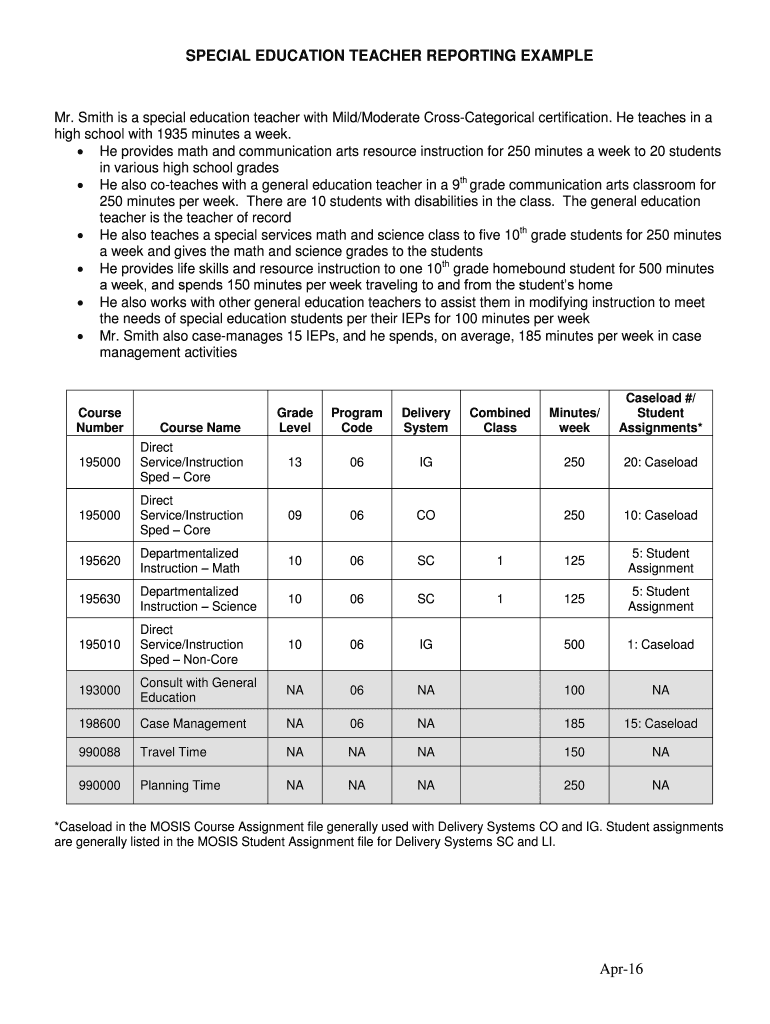 Fillable Online SPECIAL EDUCATION TEACHER REPORTING EXAMPLE Fax Email ...