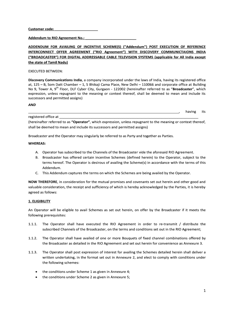 Fillable Online Addendum to RIO Agreement No Fax Email Print - pdfFiller